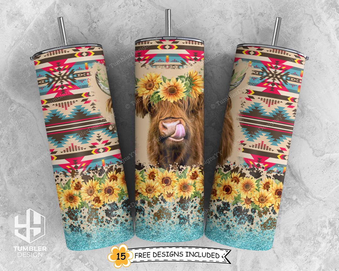 Aztec Tribal Highland Cow 20 Oz Skinny Tumbler PNG Sunflower - Etsy