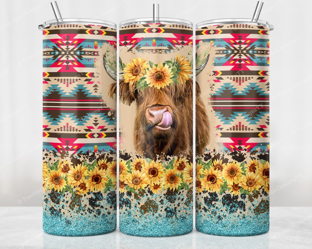 Aztec Tribal Highland Cow 20 Oz Skinny Tumbler PNG, Sunflower Tumbler ...