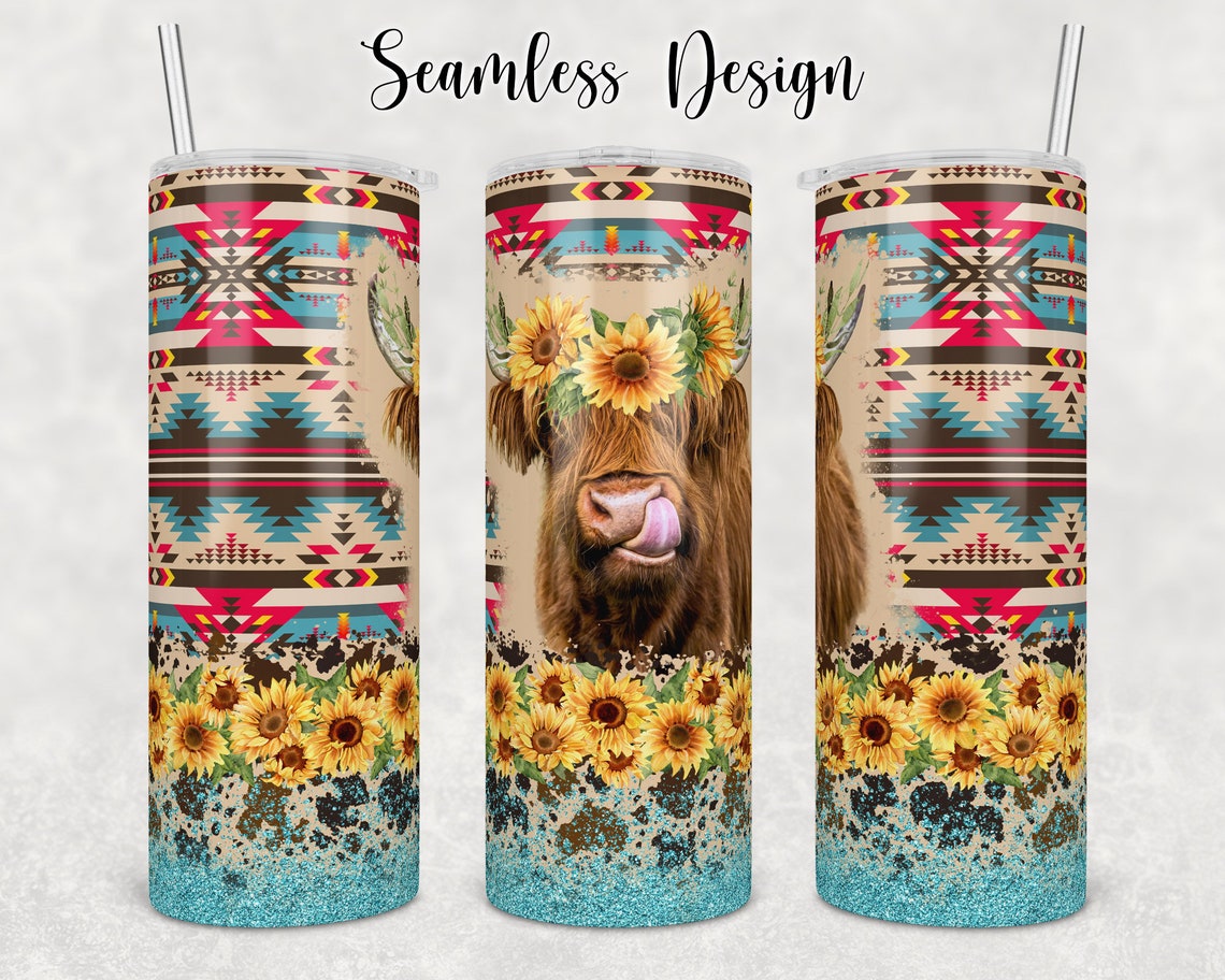 Aztec Tribal Highland Cow 20 Oz Skinny Tumbler PNG Sunflower - Etsy