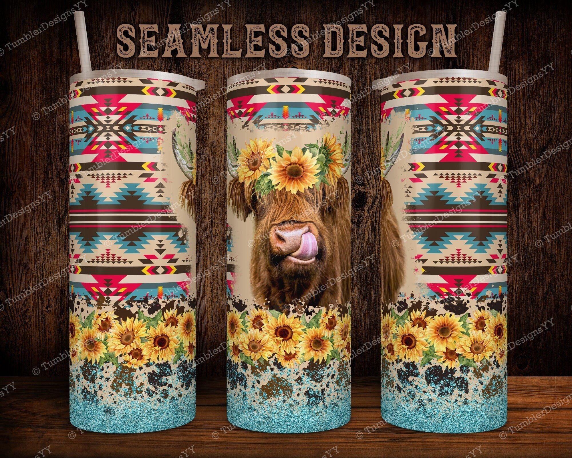Aztec Tribal Highland Cow 20 Oz Skinny Tumbler PNG Sunflower - Etsy