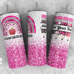 Hot Pink Glitter Teacher Tumbler PNG, Rainbow, Pencils, Monogram ...