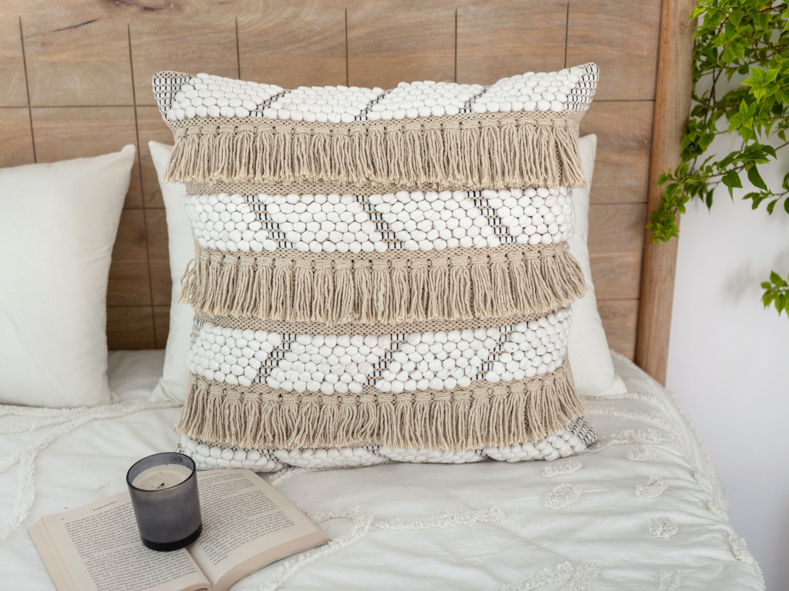Boho Textured White and Neutral Fringe Pillow, Decorative Throw Cushion ...