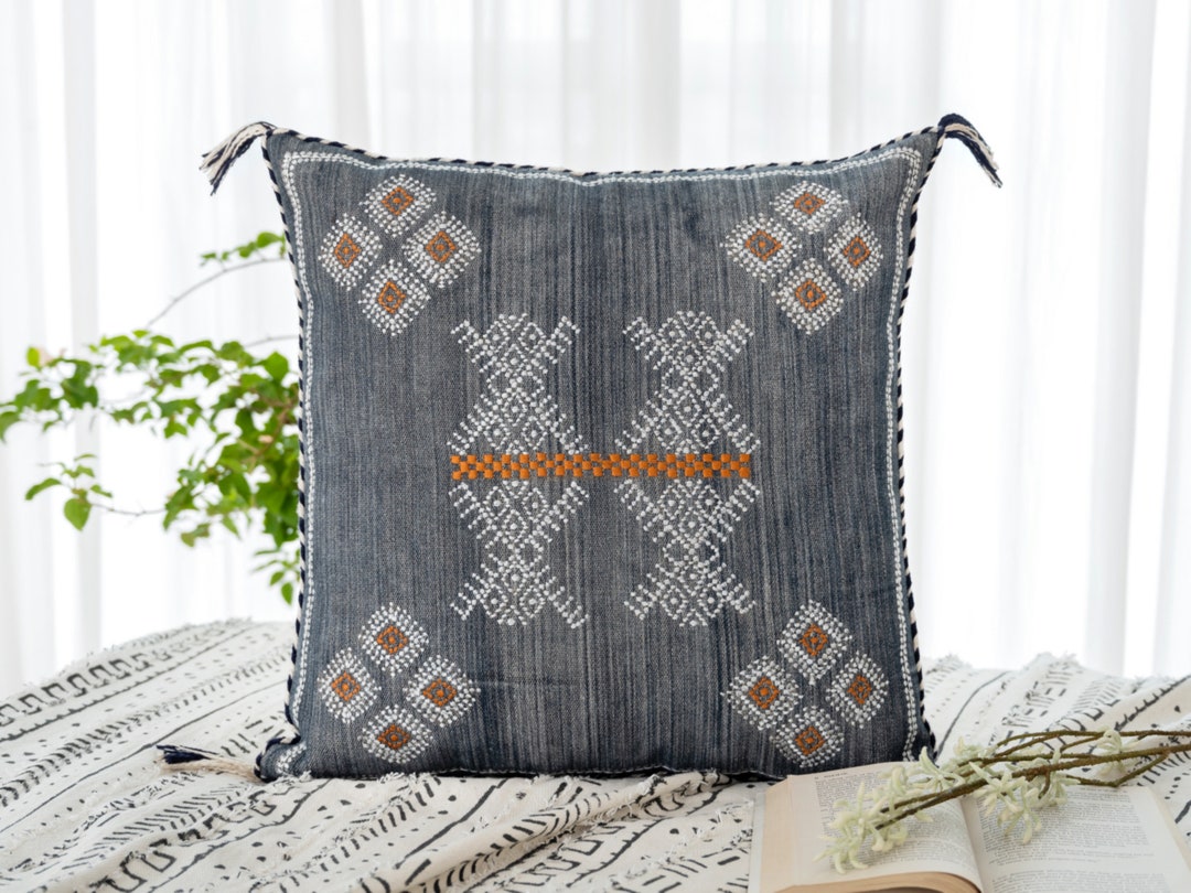 Cactus Silk Blue Embroidered Pillow, High End Pillow, Throw Pillows ...