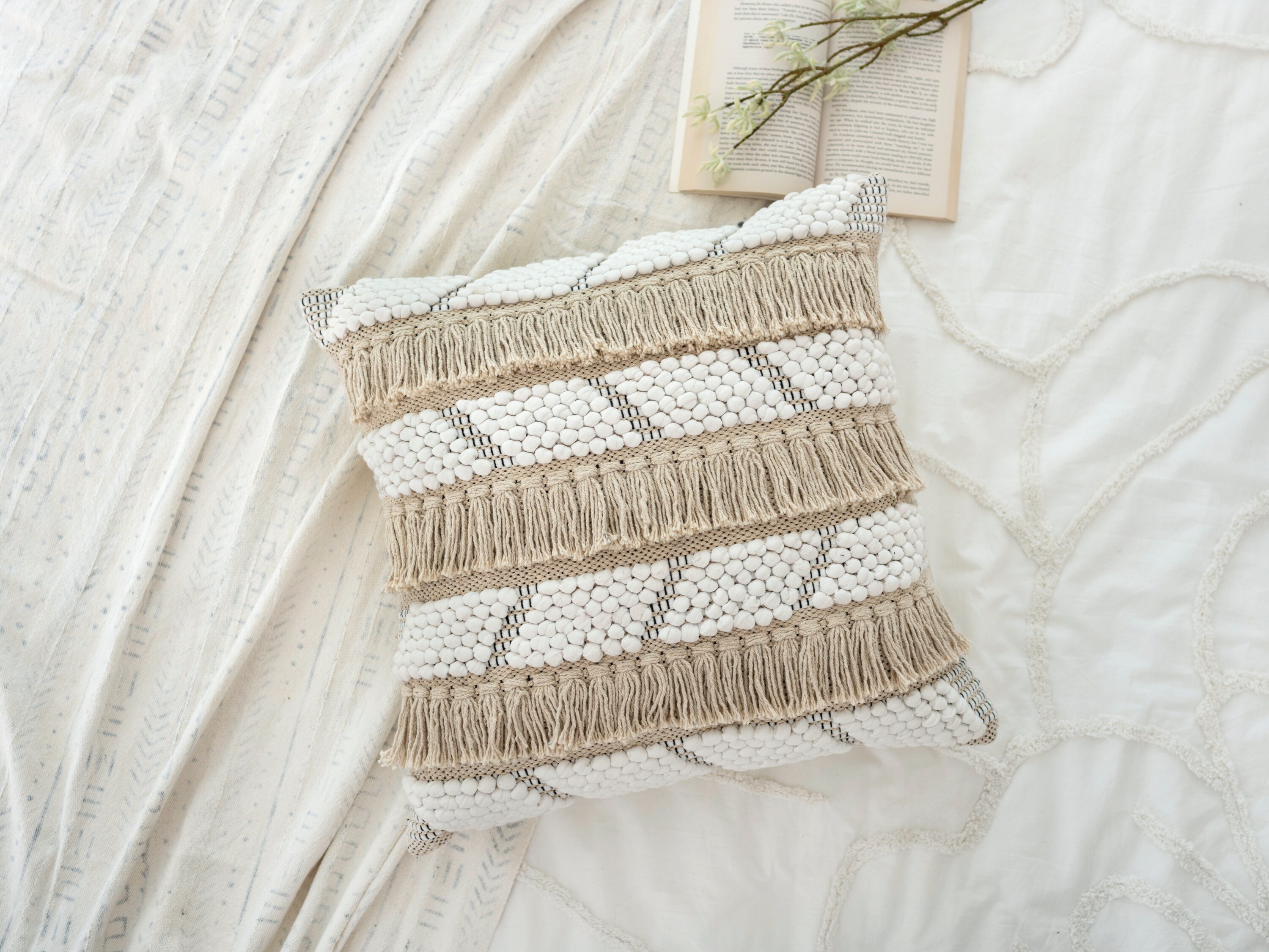 Boho Textured White and Neutral Fringe Pillow, Decorative Throw Cushion ...