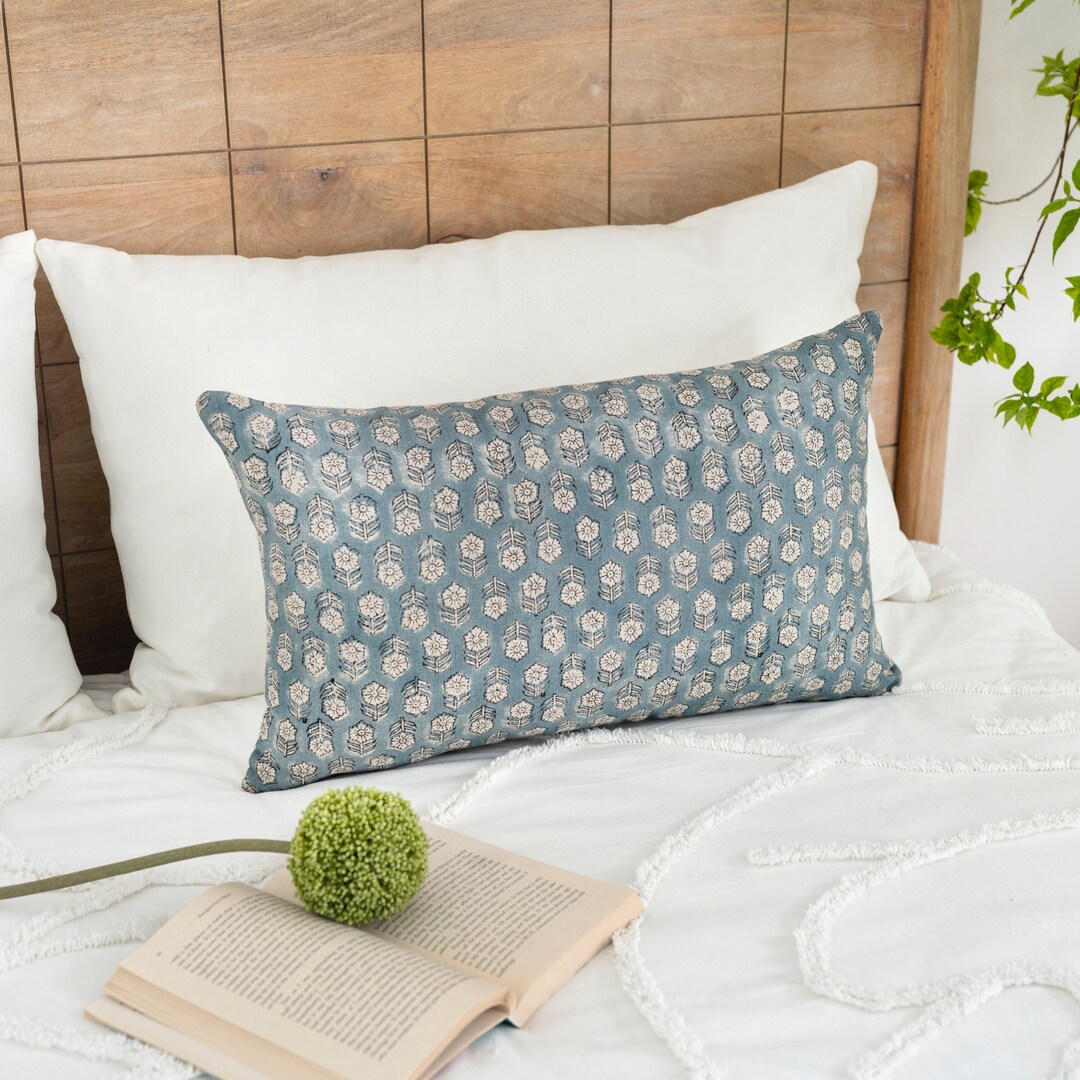 Steel Blue Linen Lumbar Floral Pillow, Designer Pillow, Boho Decor ...