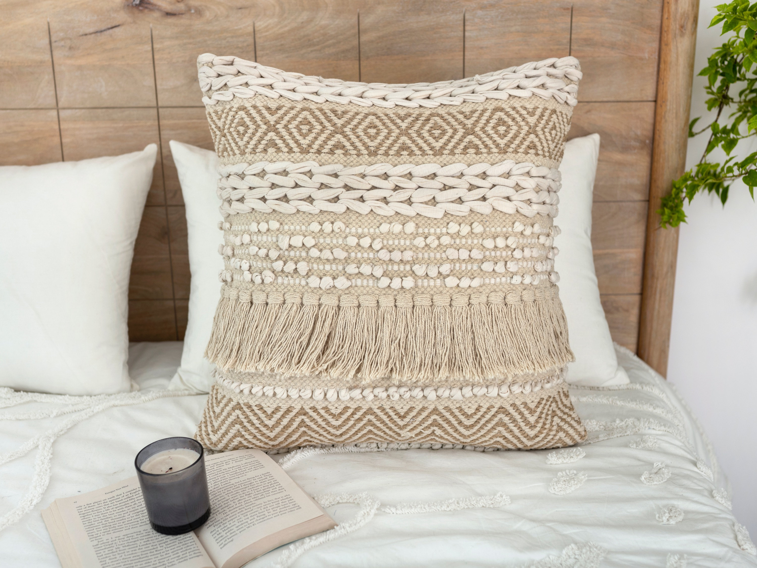 Beige Textured Throw Pillow Cover: Boho Fringe, 20x20 Cotton Cushion - Etsy