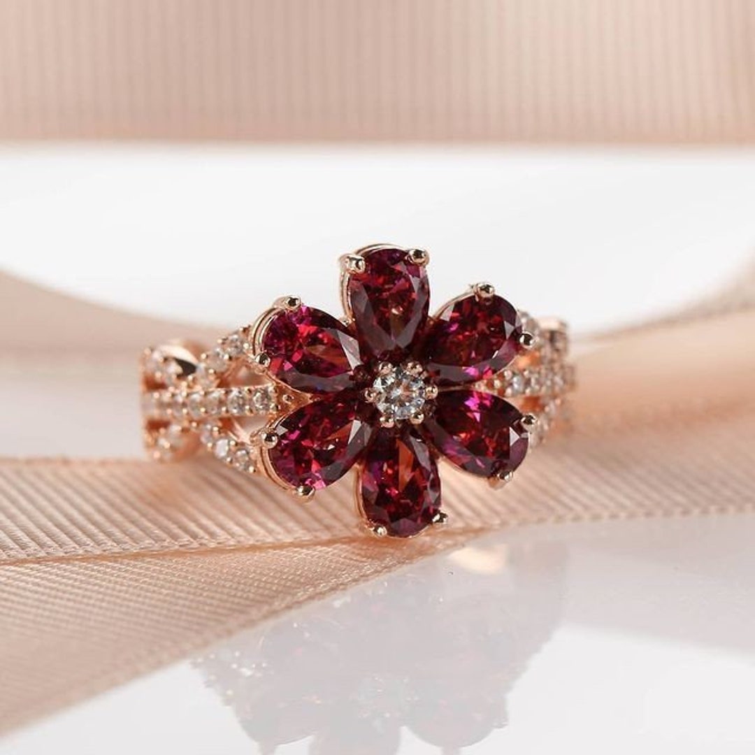 Red Floral Eda Ring, Magnolia Flower Ring , 2 Ct Zircon Pear Plated 925 ...