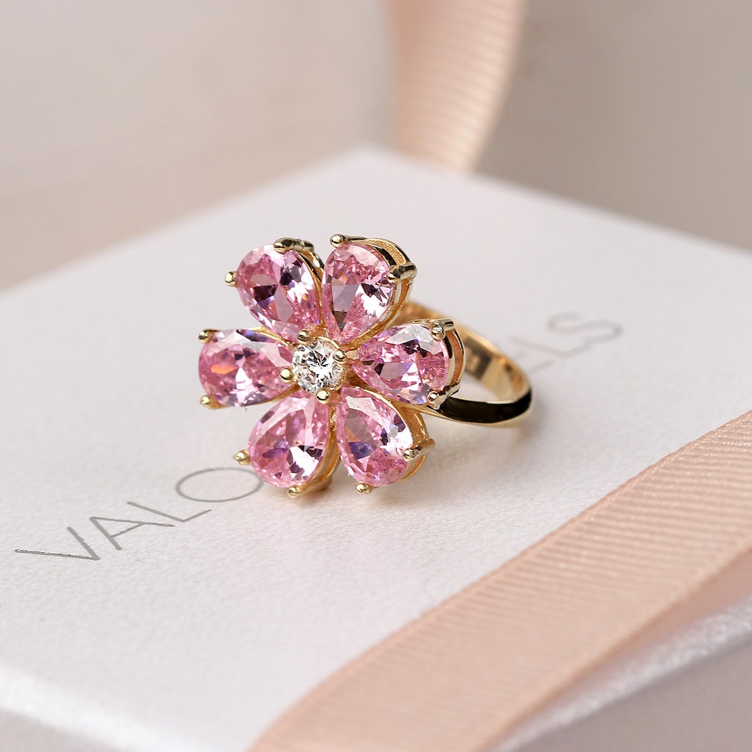 Pink Floral Flower Silver Eda Ring Handmade Jewelry, Gold Plated 4 Ct ...