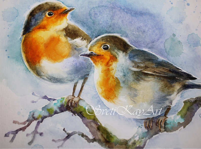 Robin Birds in Love Watercolor Painting, Original Bird Wall Art. - Etsy