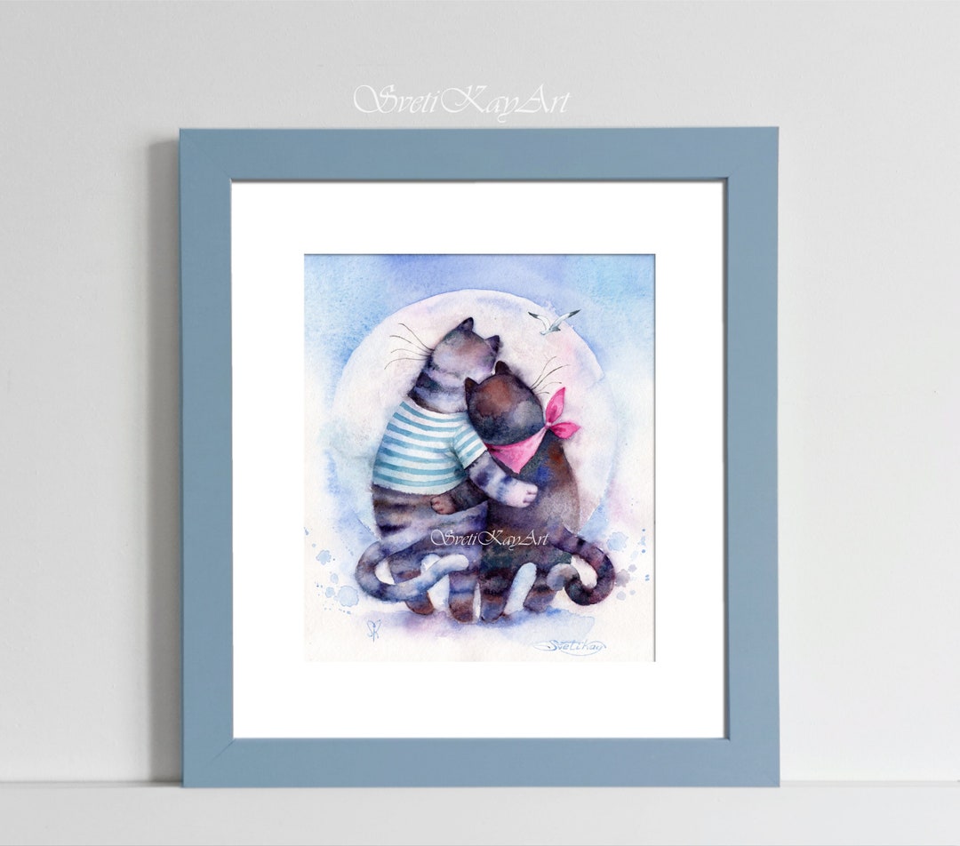 Cats in Love Art, Cat Watercolor Original Art, Gift for Friendship, Her ...