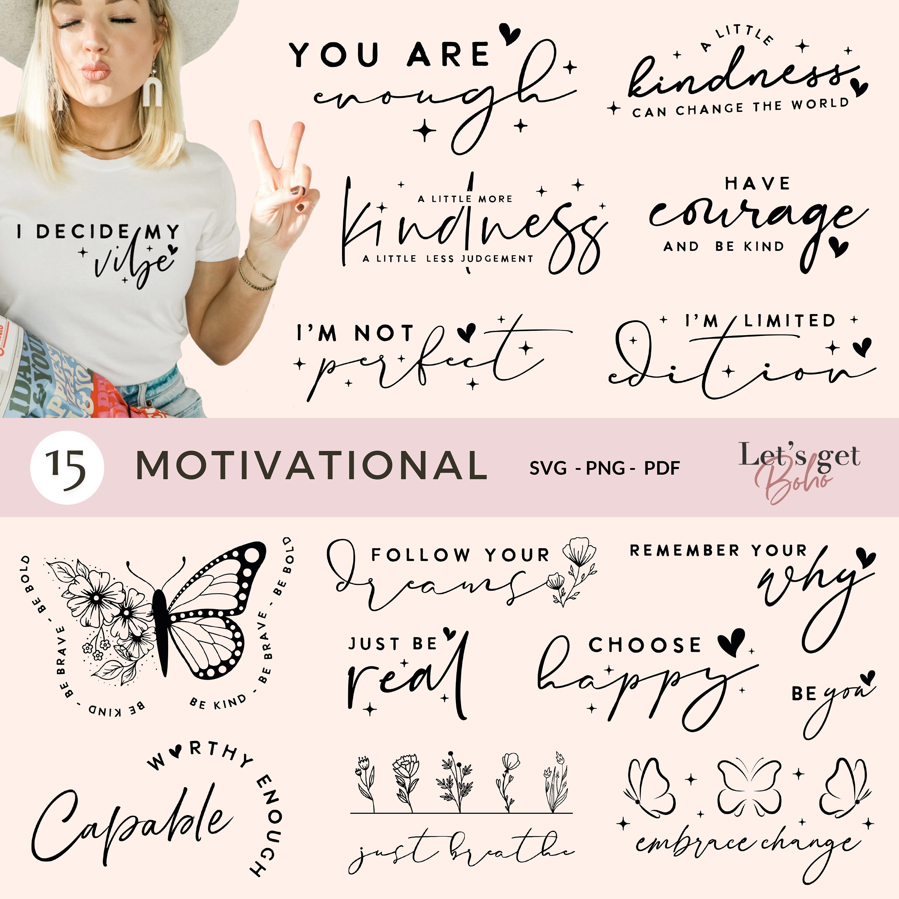 Boho Inspirational Quotes SVG Bundle: Positive Affirmations (digital ...