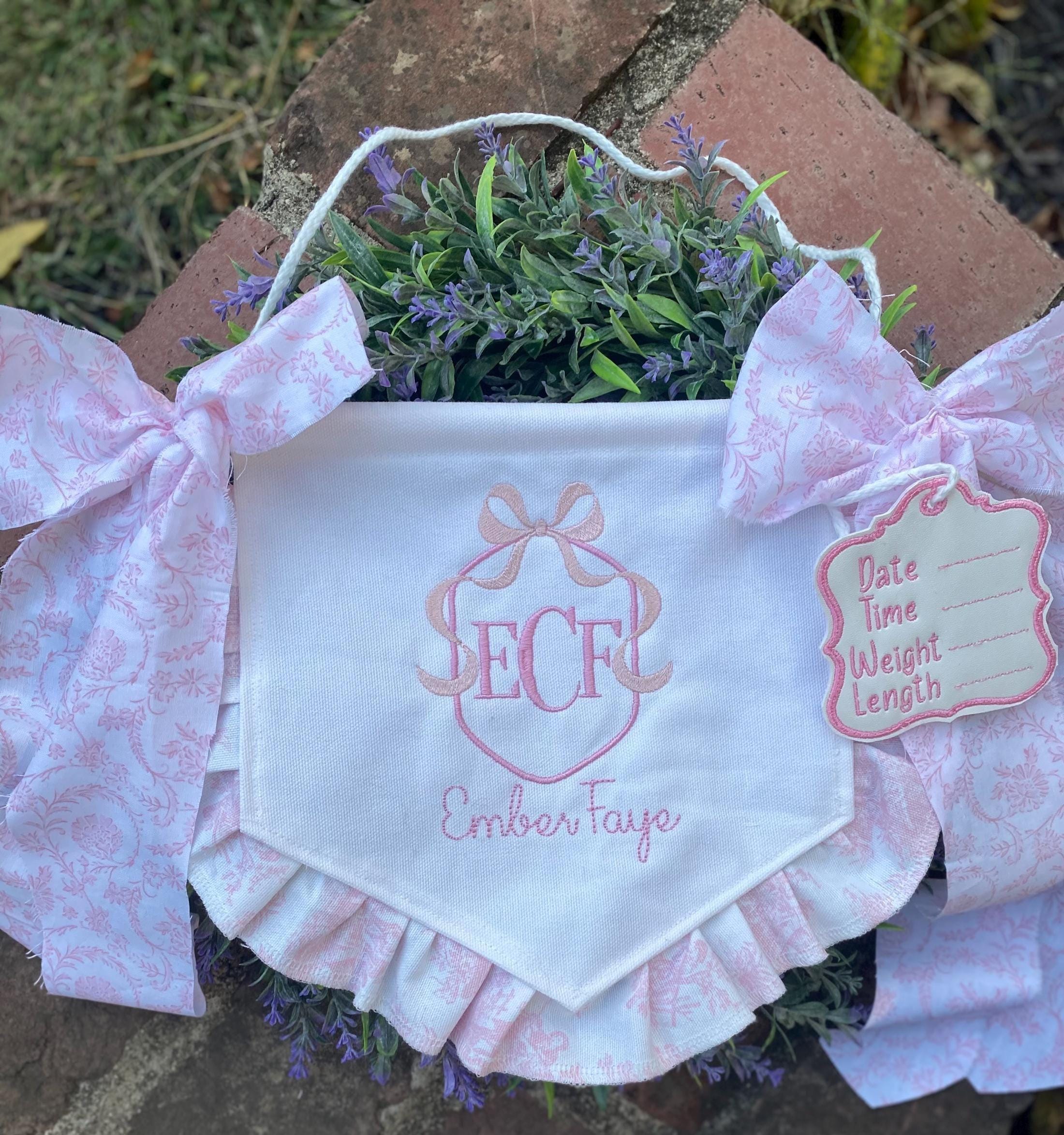 Custom Embroidered Baby Name Banner: Ruffled Heirloom Keepsake-shower ...