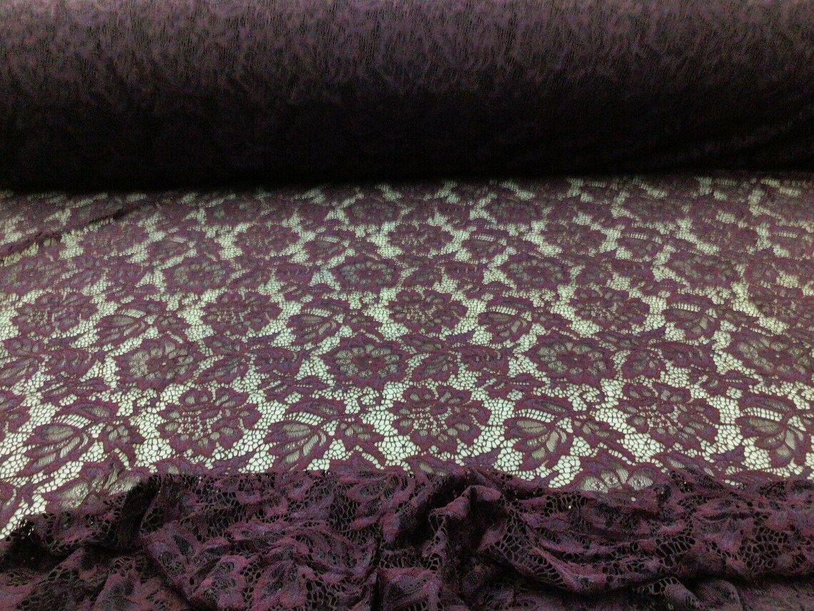 Raisin Purple Stretch Lace Embroidered Floral Sheer Fabric by the Yard ...