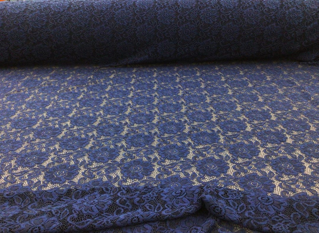 Prussian Blue Stretch Lace Embroidered Floral Sheer Fabric by the Yard ...