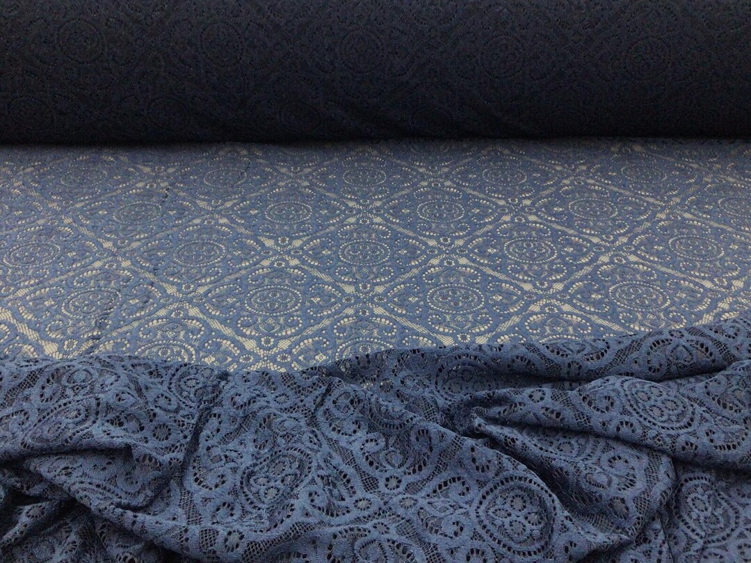 Prussian Blue Stretch Lace Embroidered Diamond Sheer Fabric by the Yard ...