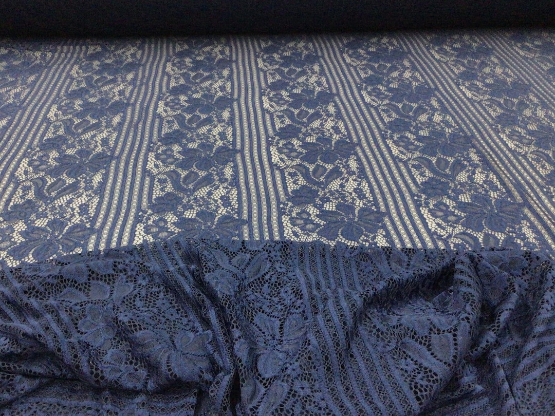 Prussian Blue Stretch Lace Embroidered Floral Stripe Sheer Fabric by ...