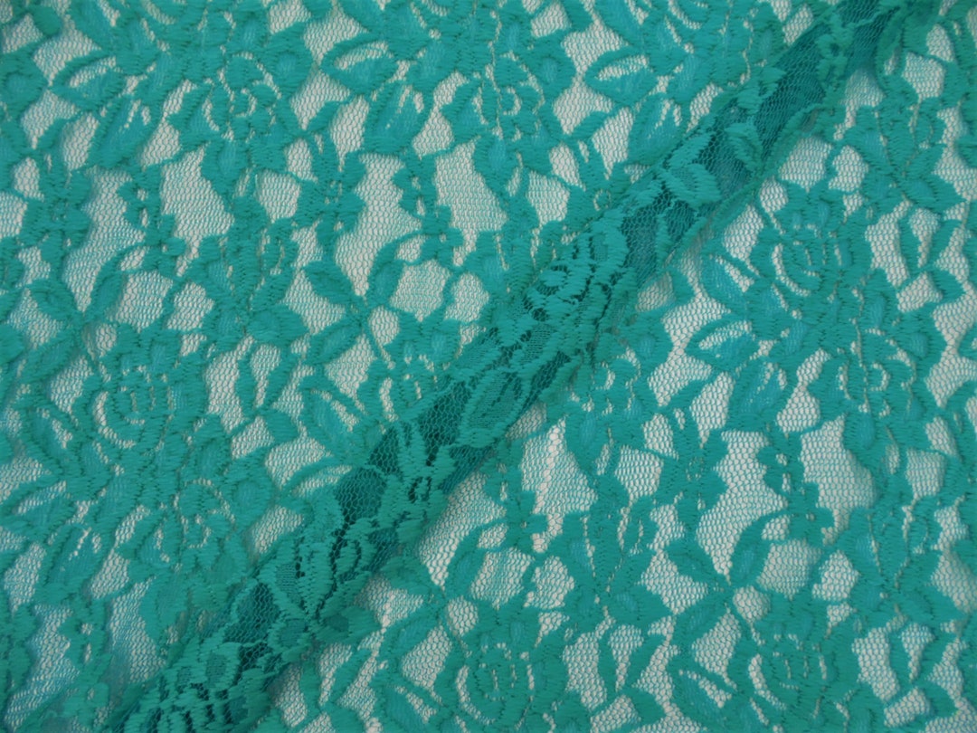 Turquoise Green Floral Embroidered Stretch Lace Sheer Fabric by the ...