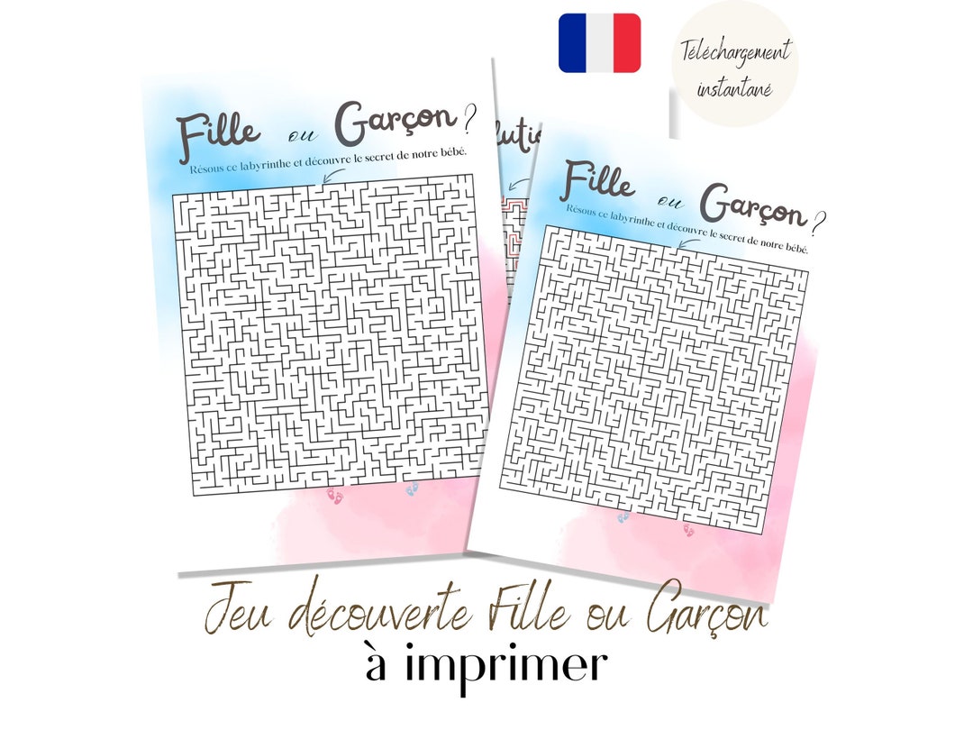 Girl or Boy Announcement, Gender Reveal in French, Printable Maze Game ...