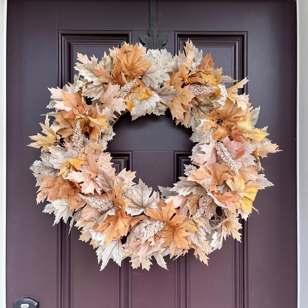 Fall Foliage Wreath, Tan Maple Leaf and Berry Fall Wreath, Neutral Fall ...
