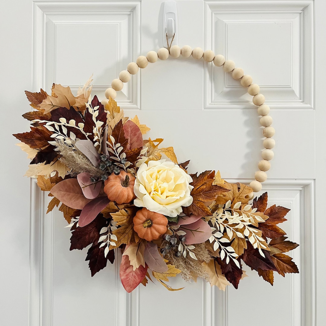 Fall Wood Bead Wreath Fall Rose Pumpkin and Leaves Wood Bead - Etsy