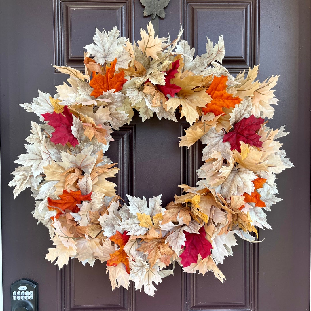 Fall Front Door Leaf Wreath, Autumn Beige and Burgundy Leaf Wreath ...