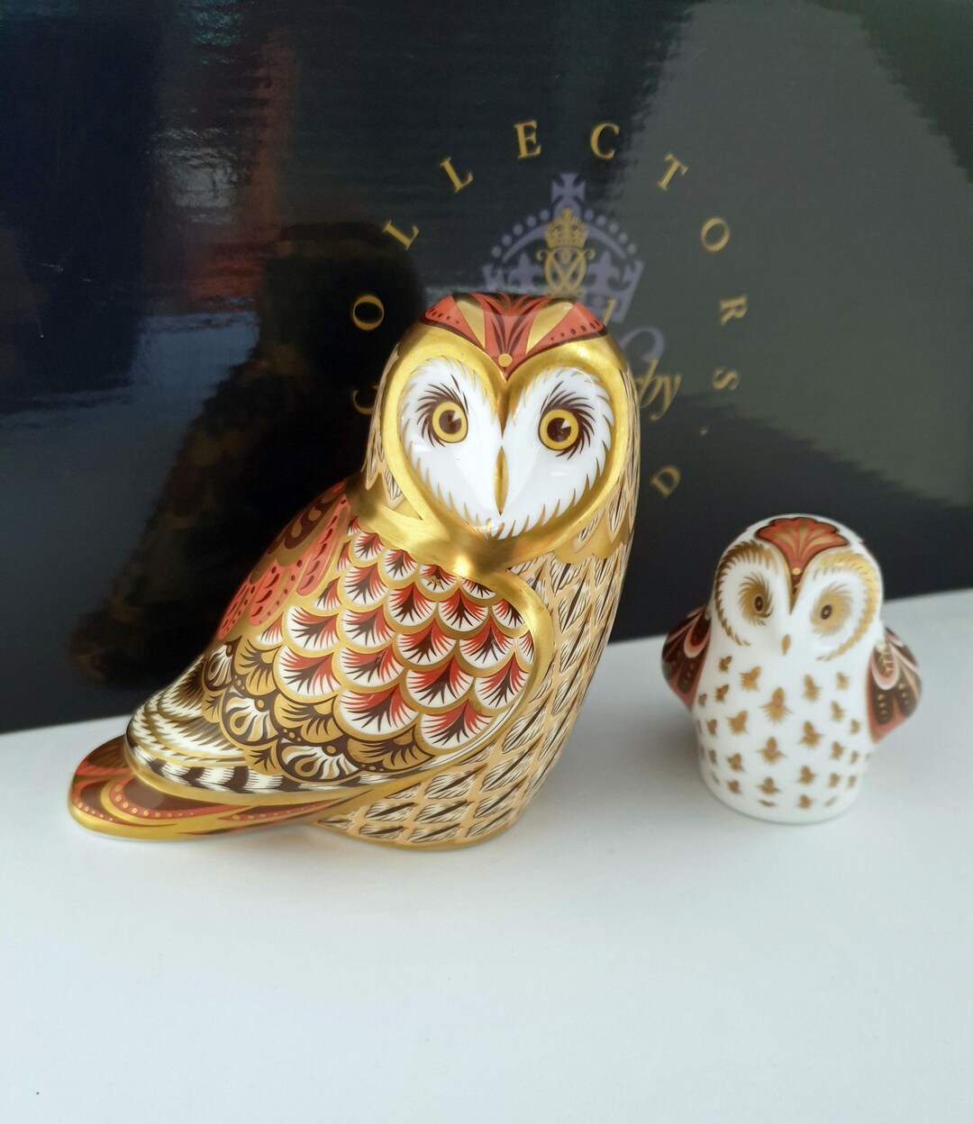 Royal Crown Derby Paperweights Set - 'short Eared Owl' and Baby 'owlet ...