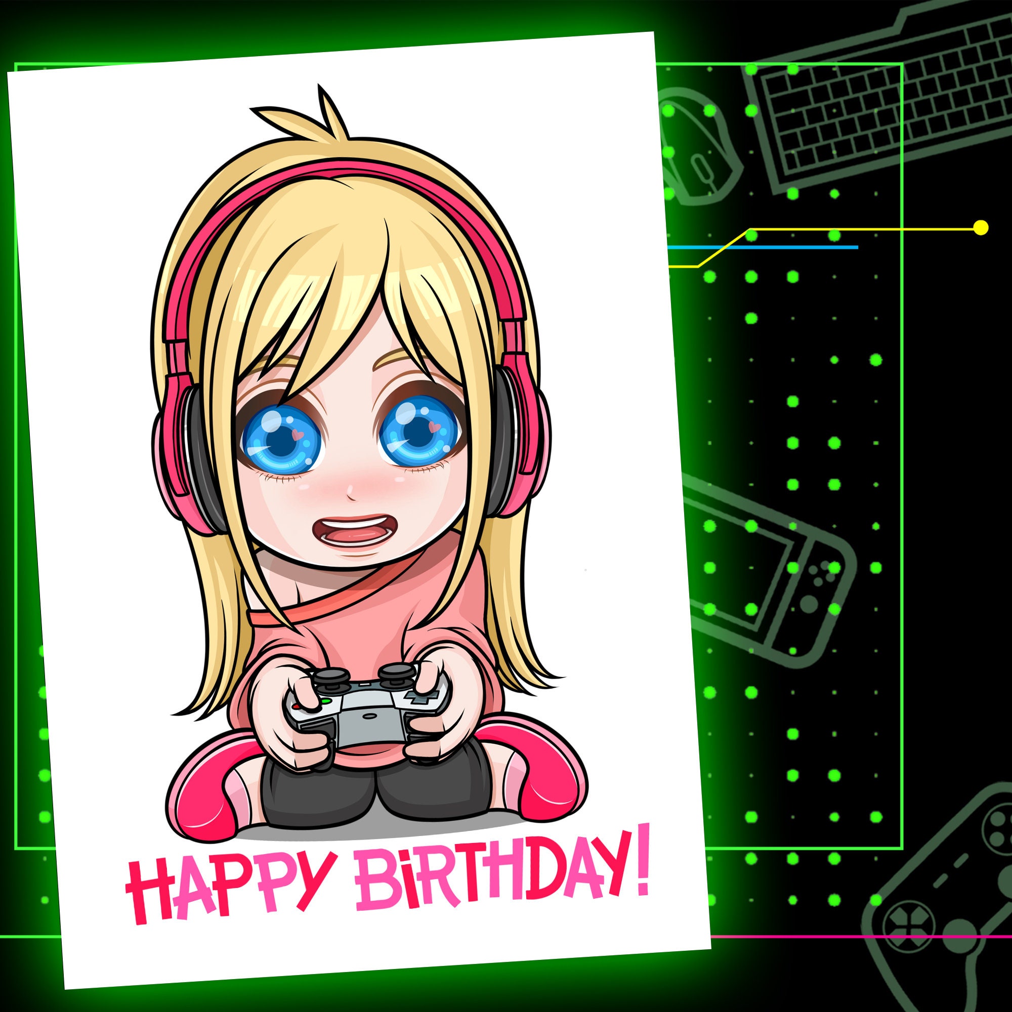 Gamer Girl Birthday Card Girls Birthday Girl Gaming Gift Controller ...