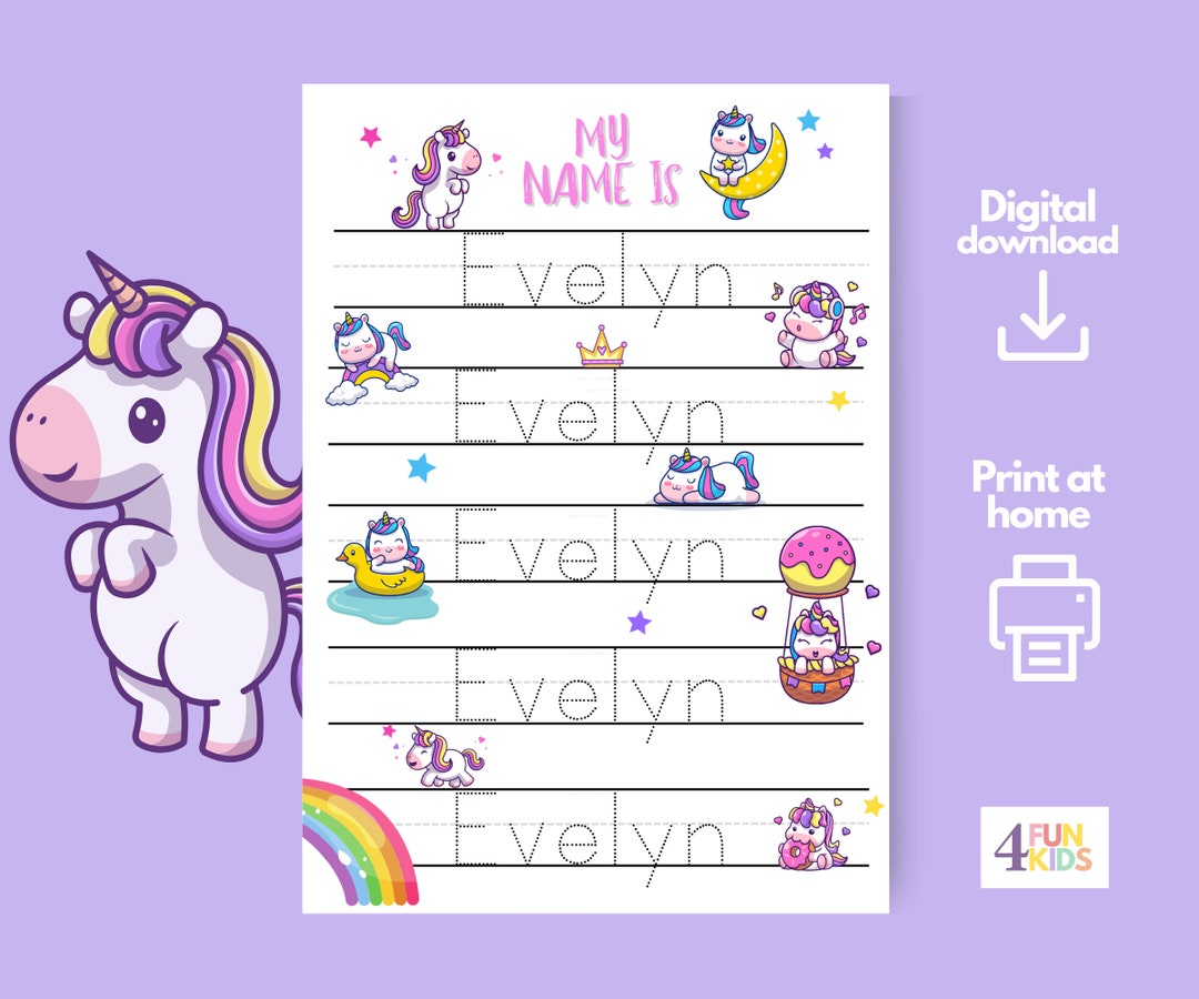UNICORN Custom Name Tracing Sheet, Girl Handwriting Practice ...