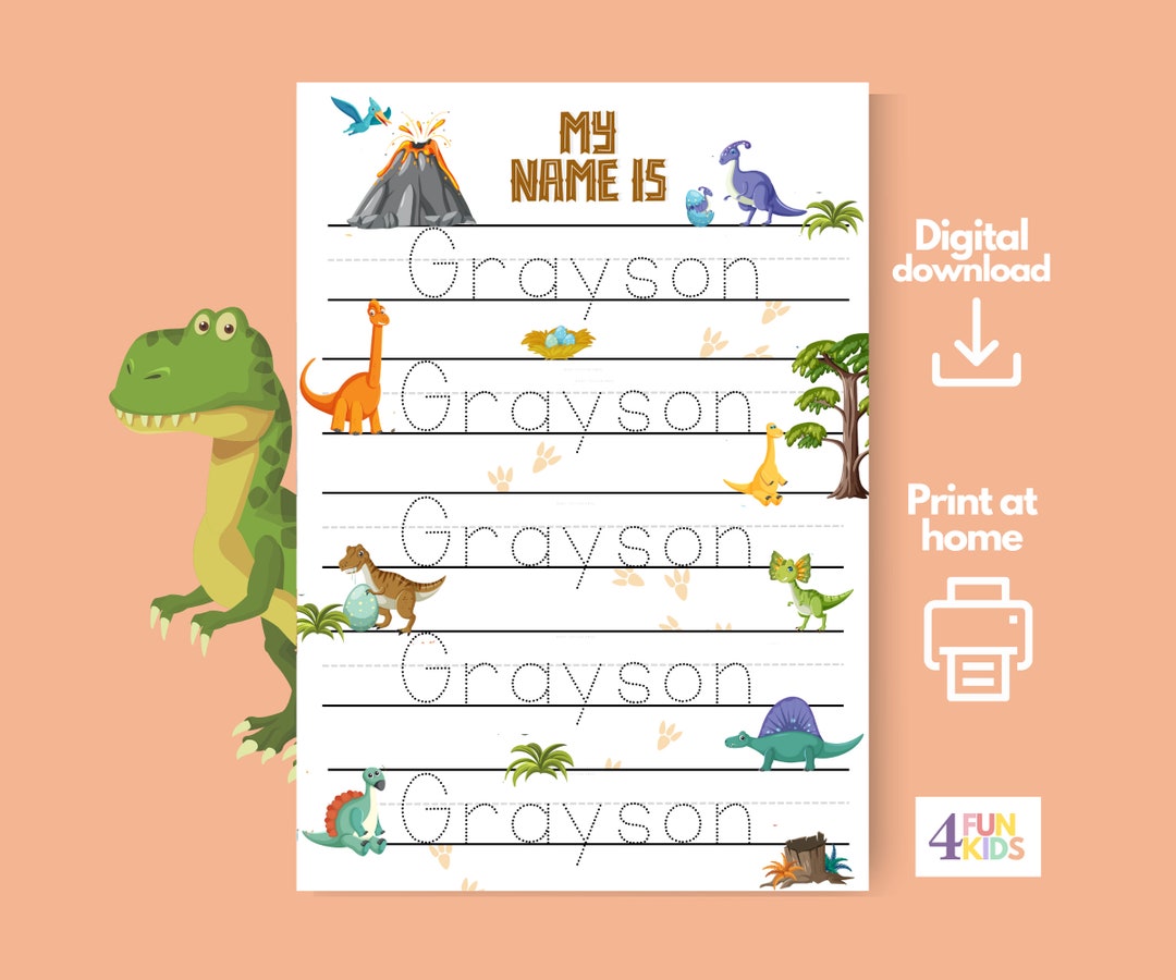 DINOSAUR Custom Name Tracing Sheet, BOY Handwriting Practice ...