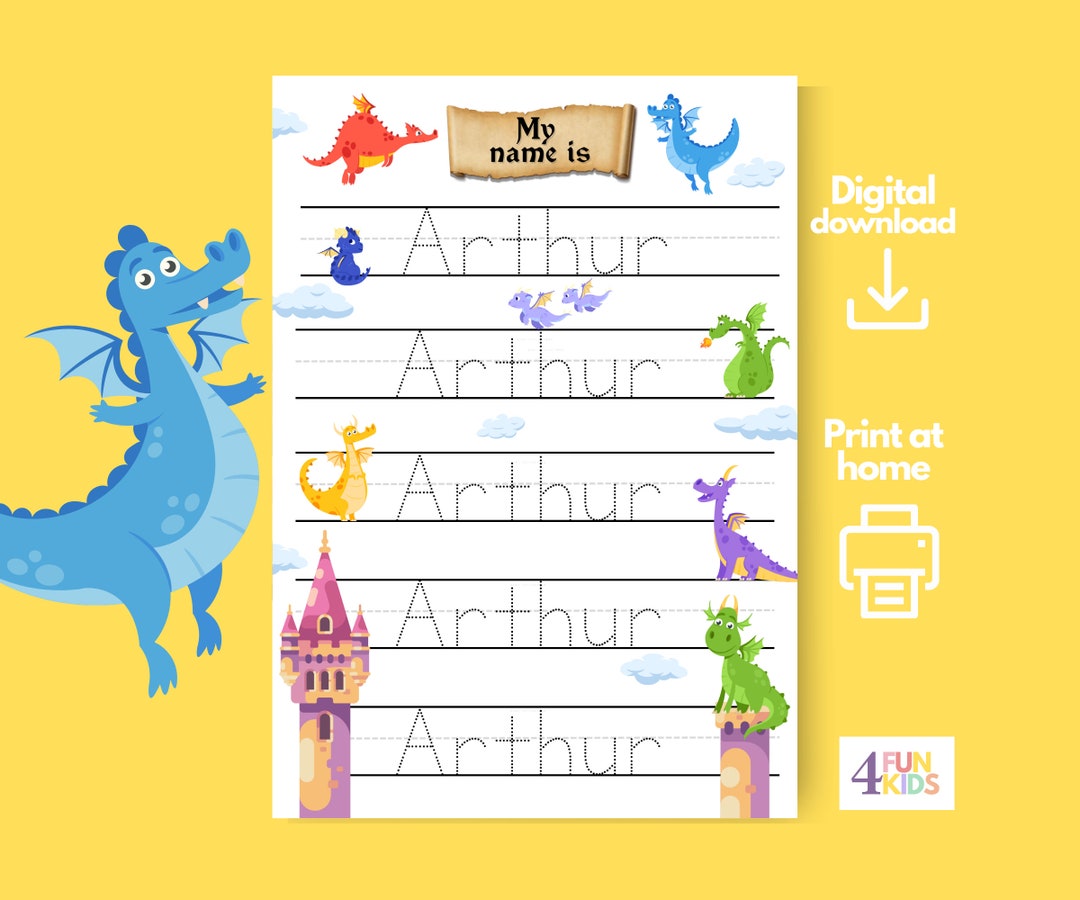 DRAGON Custom Name Tracing Sheet, Boy Handwriting Practice Personalized ...