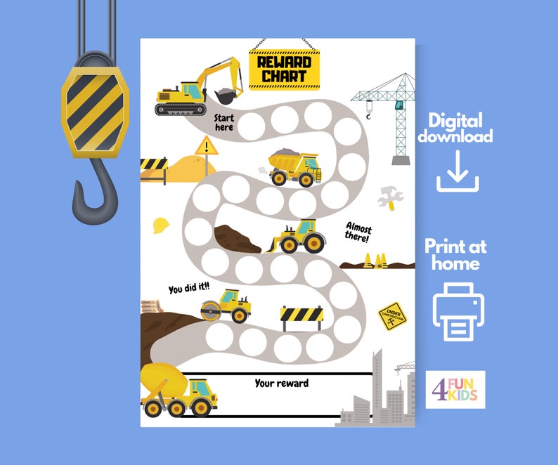 Printable CONSTRUCTION Reward Chart for Kids, Excavator & Crane Chore ...