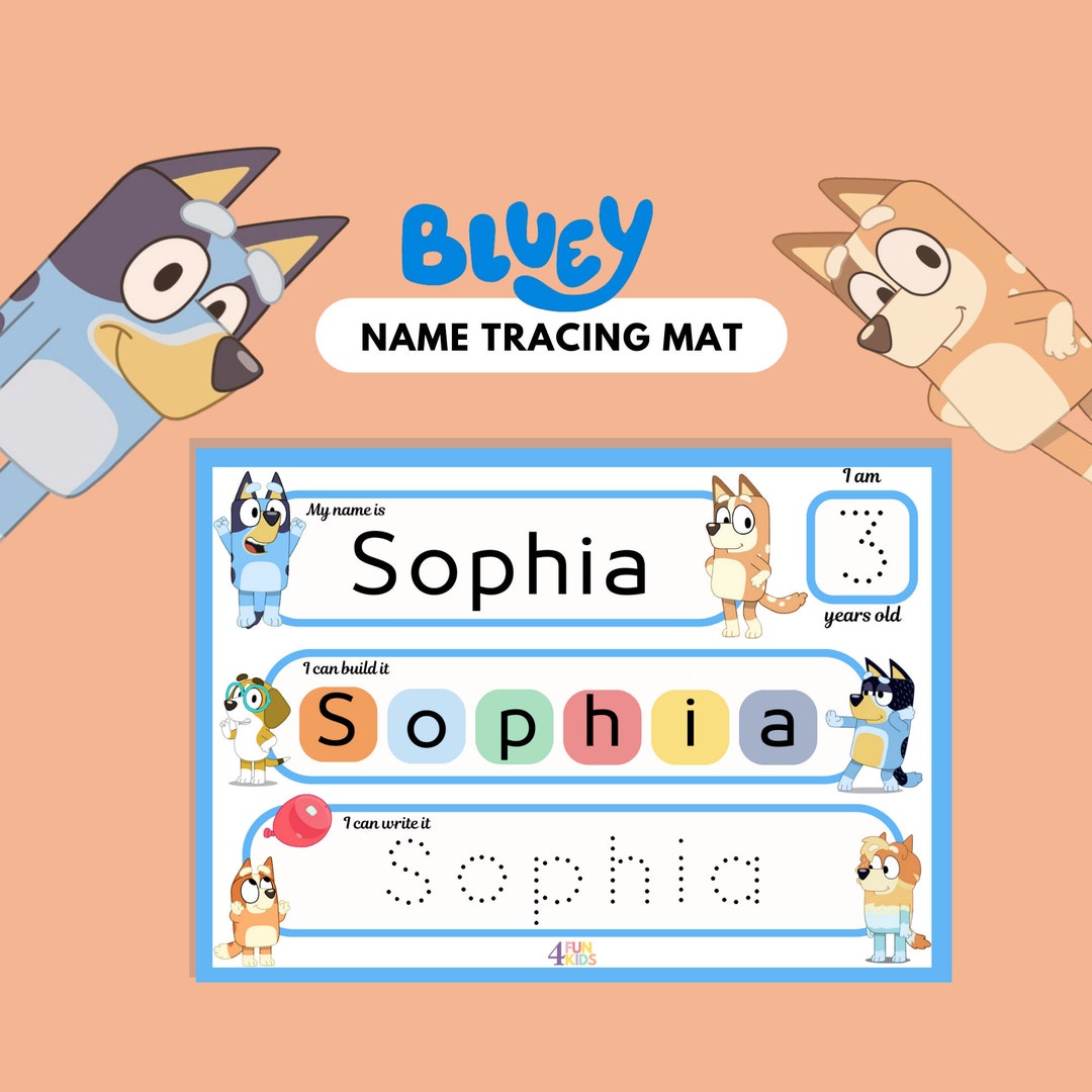 BLUEY Name Tracing Mat | Printable Bluey Worksheet | Daily Chore Chart ...