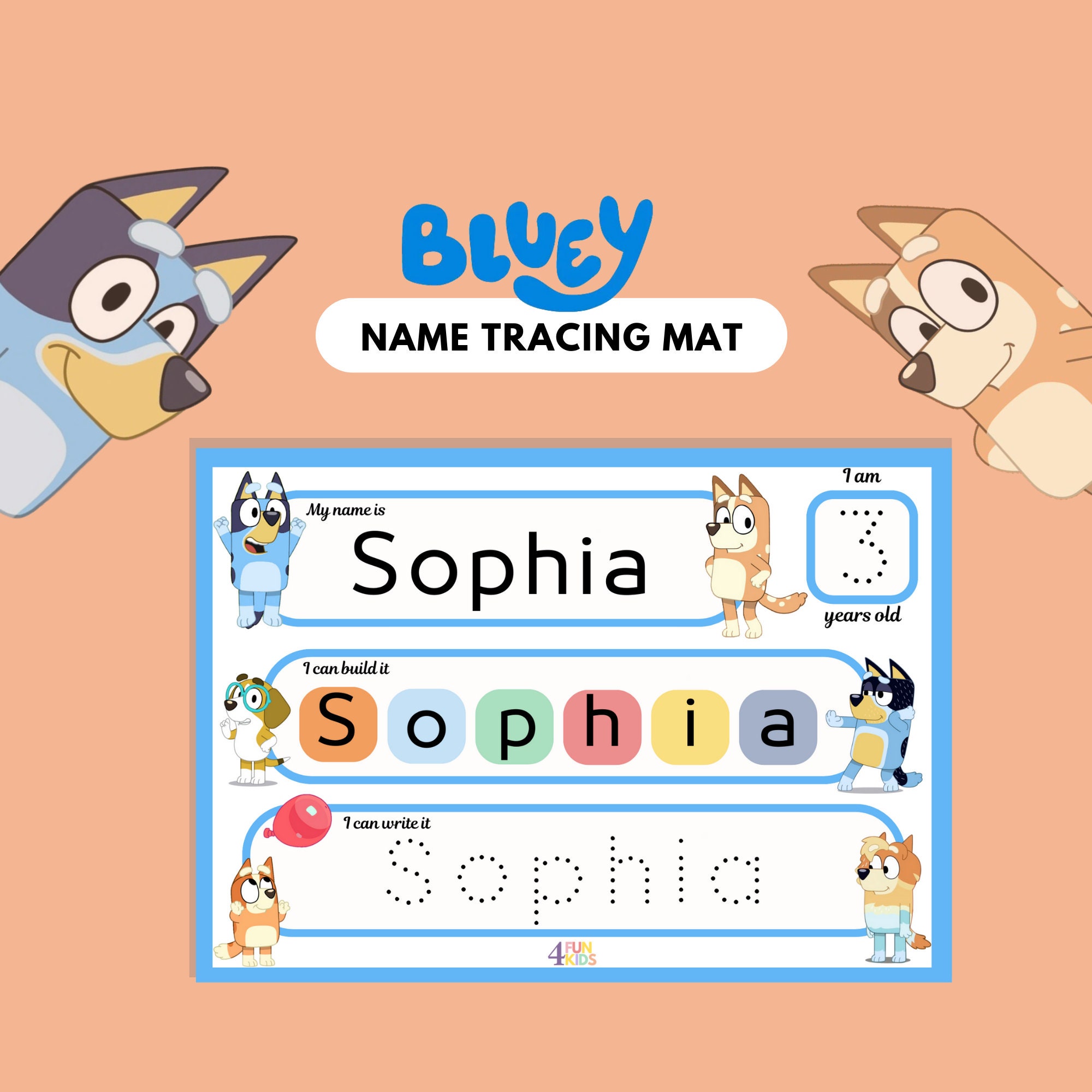 BLUEY Name Tracing Mat | Printable Bluey Worksheet | Daily Chore Chart ...