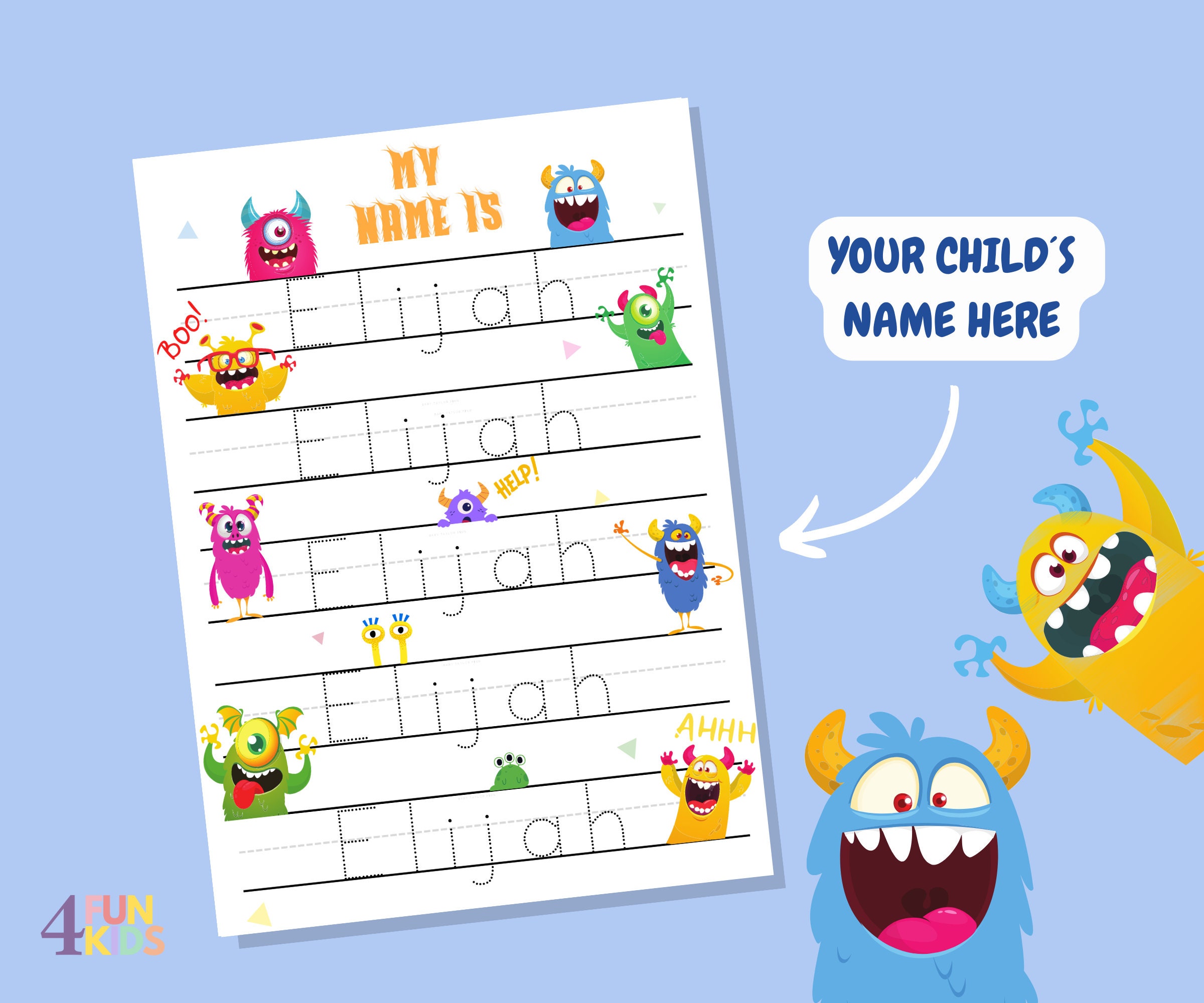 MONSTER Custom Name Tracing Sheet, Monsters Handwriting Practice ...