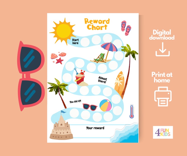 Summer Fun Reward Chart for Kids Printable Beach Day Behavior Tracker ...