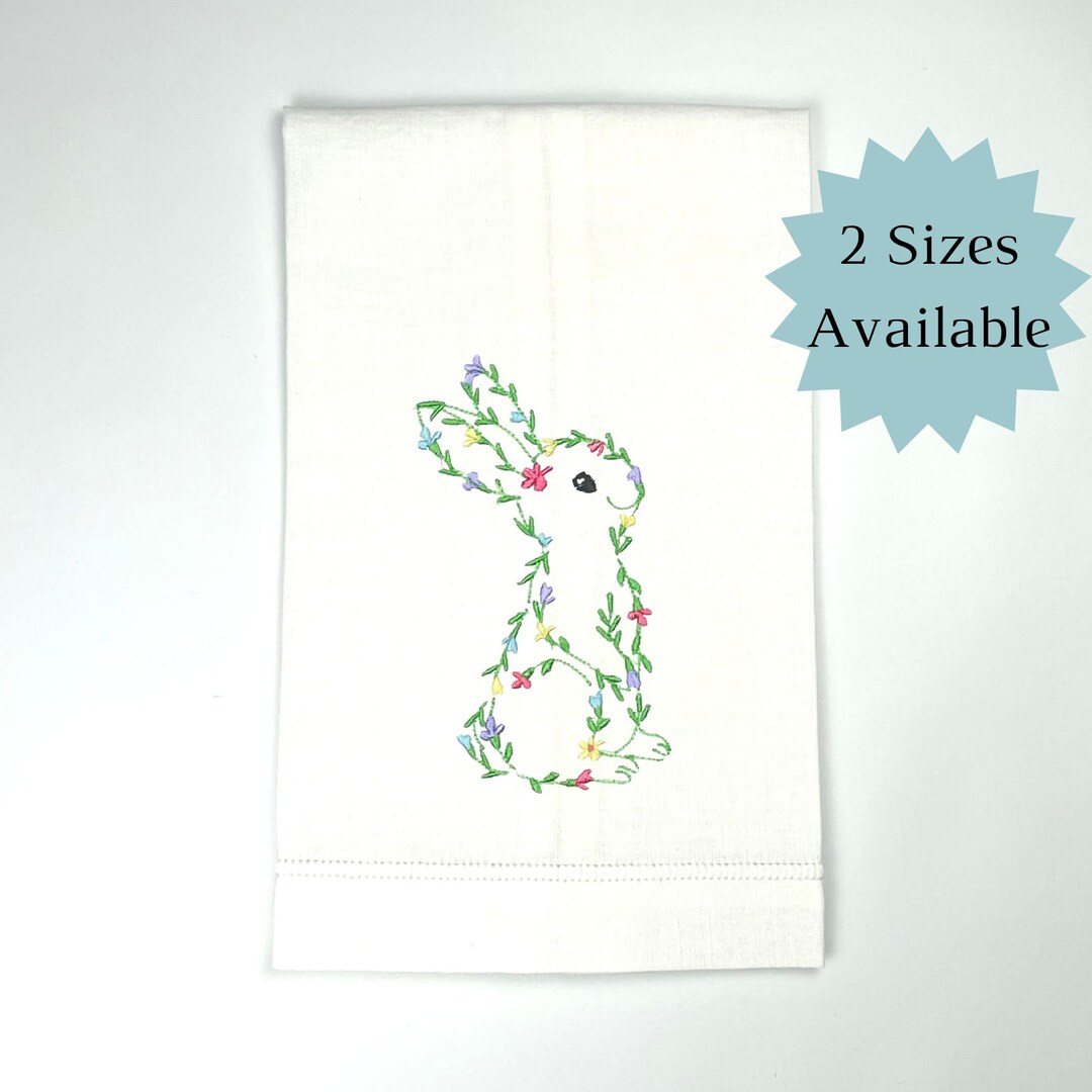 Embroidered Floral Easter Bunny Linen Tea Towel, Kitchen Towel, Guest ...