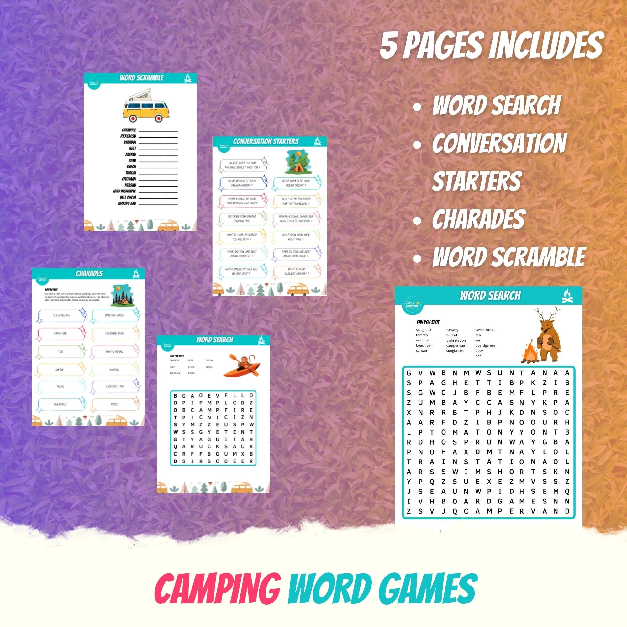 Camping Kid Word Games Printable | Vacation Family Activity Word ...