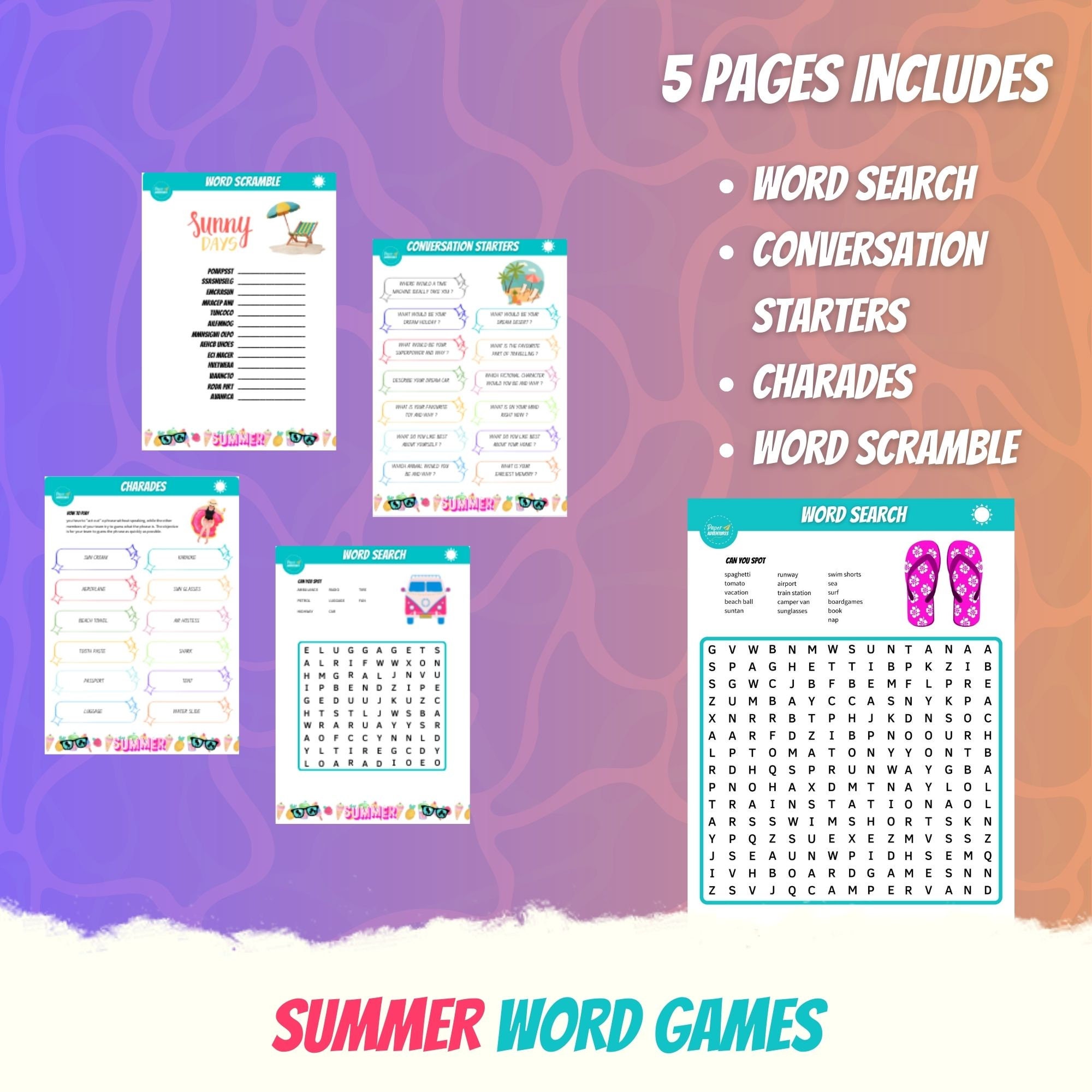 Summer Word Games: Kid's Vacation Activities (printable PDF) - Etsy