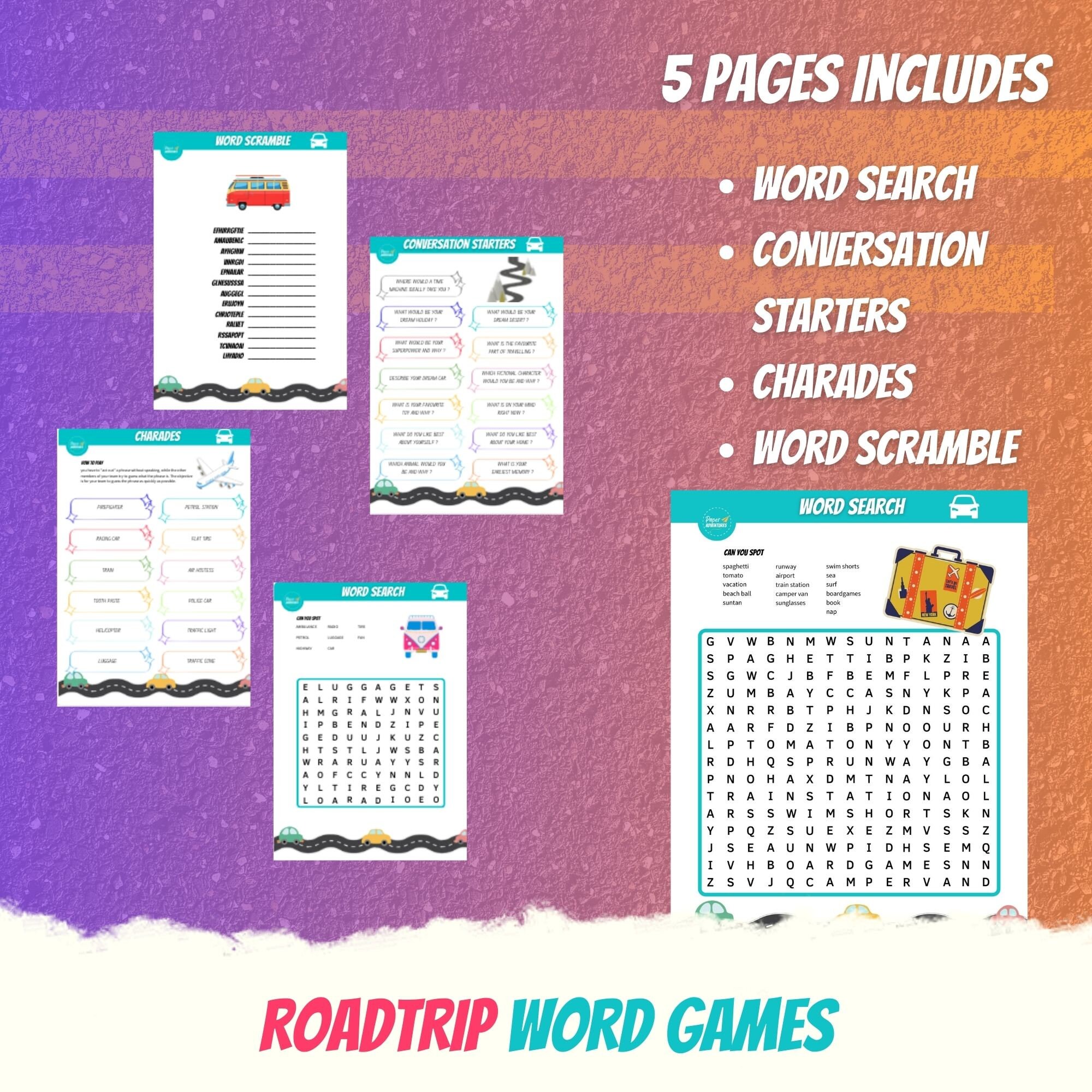 Road Trip Kid Word Games Printable Vacation Family Activity Word ...
