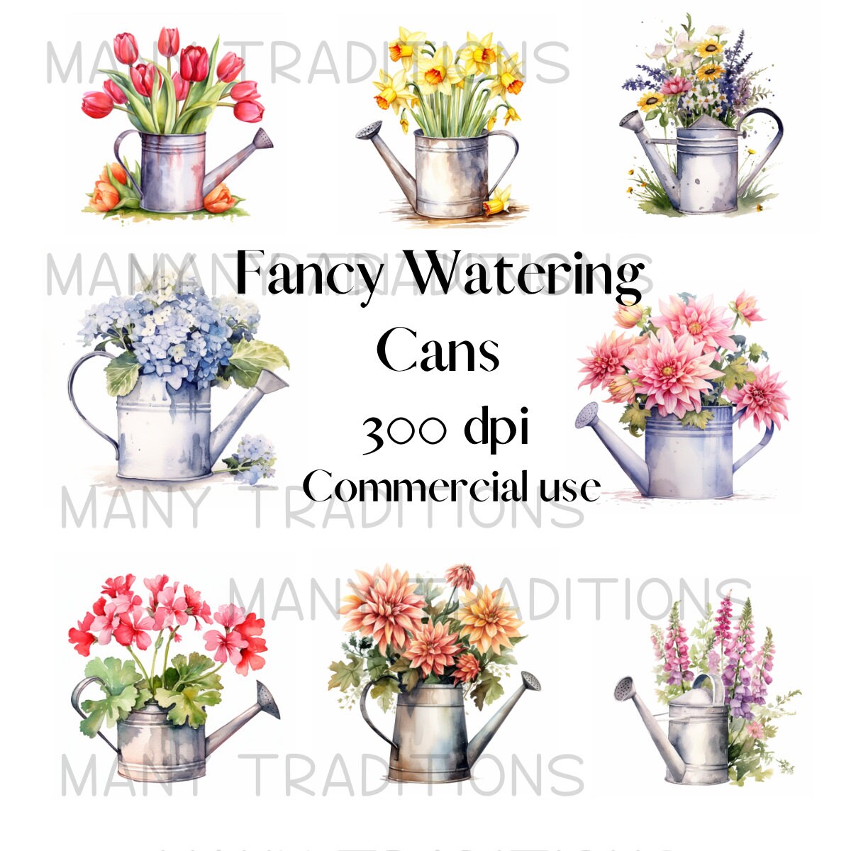 Clipart for Fancy Watering Cans With a Variety of Watercolor Flowers 23 ...