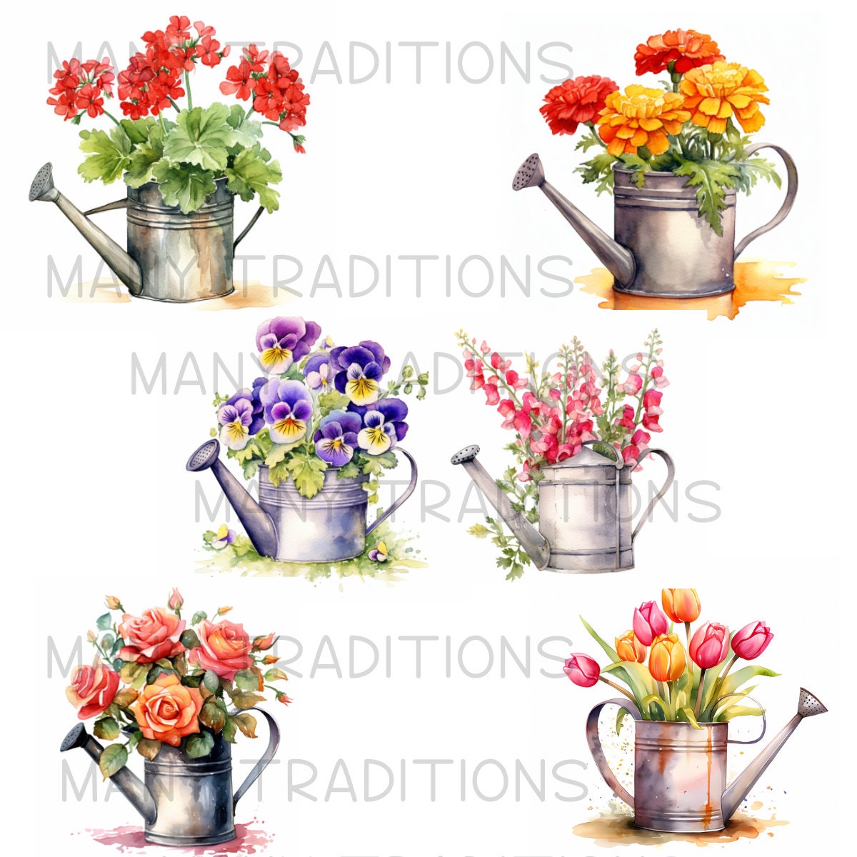 Clipart for Fancy Watering Cans With a Variety of Watercolor Flowers 23 ...