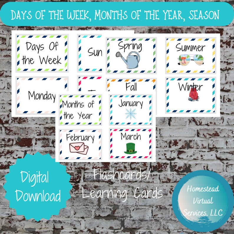 Days of the Week, Months of the Year, Seasons Flash Cards - Etsy