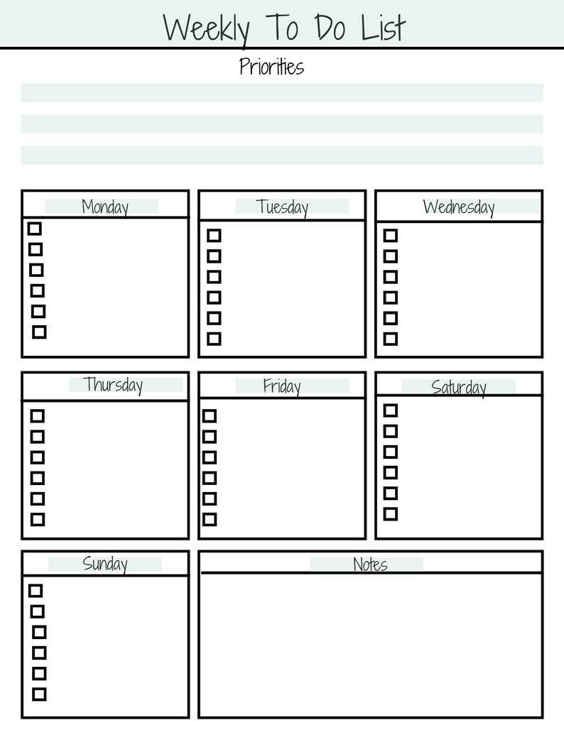Weekly to Do List- Digital Download, Organization, Notes, Office, Home ...