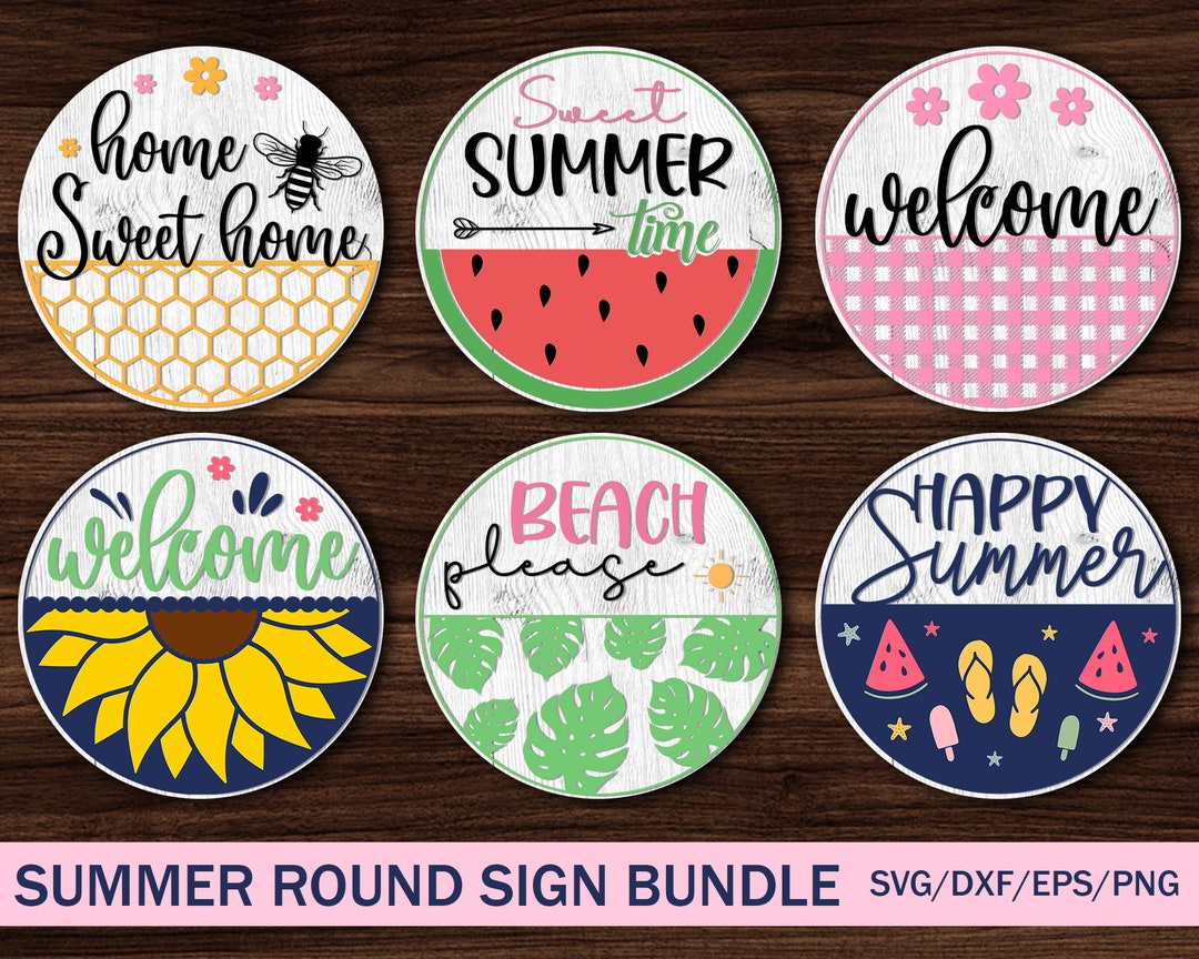 Summer Welcome Sign SVG Bundle: Round Door Hanger Designs (digital ...