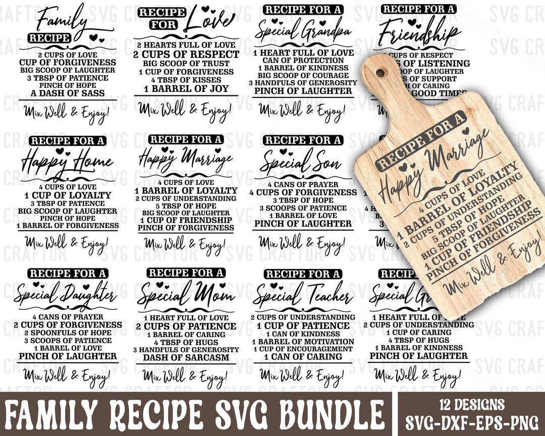 Family Recipe SVG Bundle: Kitchen Quotes, Cutting Board Designs ...