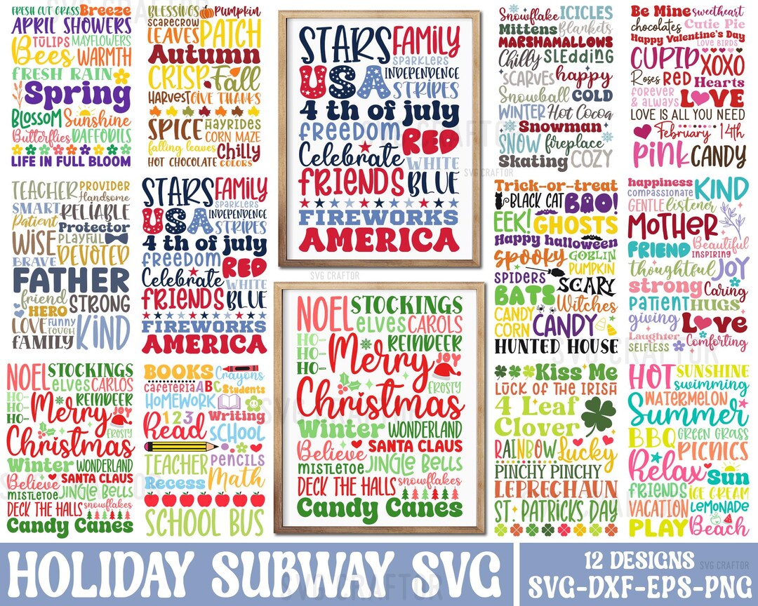 Holiday Subway Art SVG Bundle: Christmas, Valentine, Halloween (digital ...