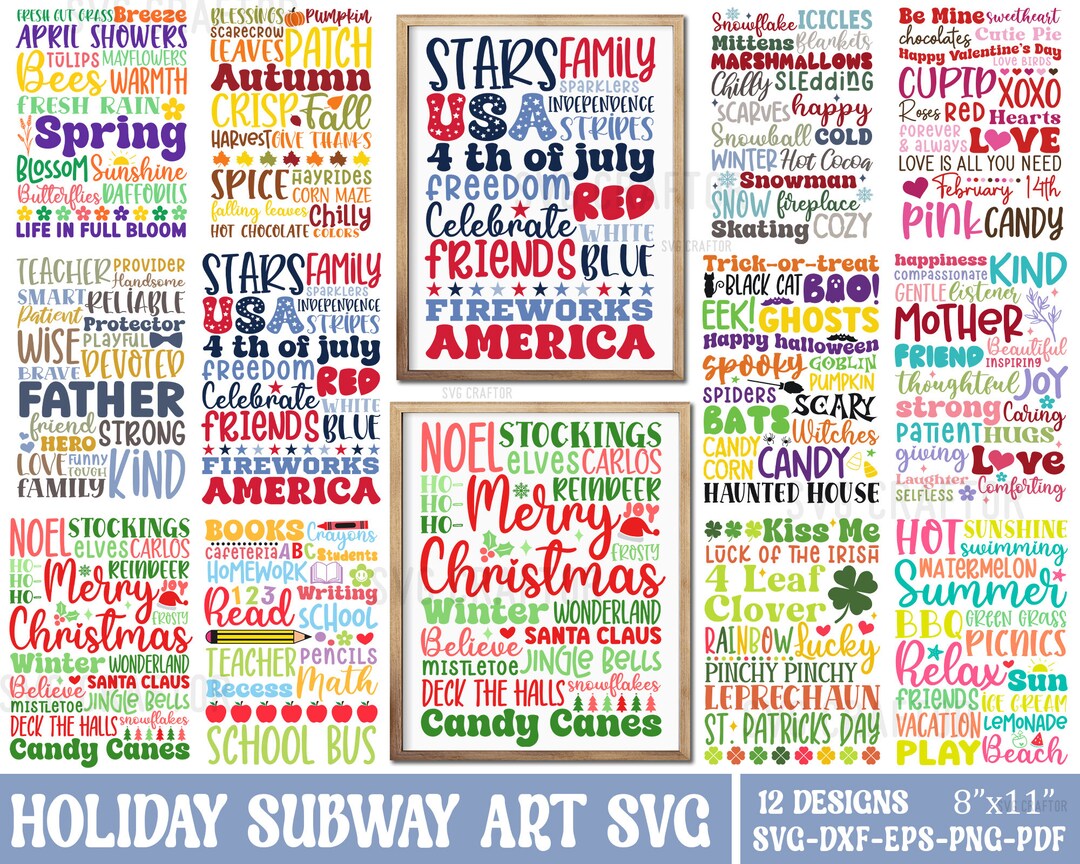 Holiday Subway Art SVG Bundle: Christmas, Valentine, Halloween (digital ...