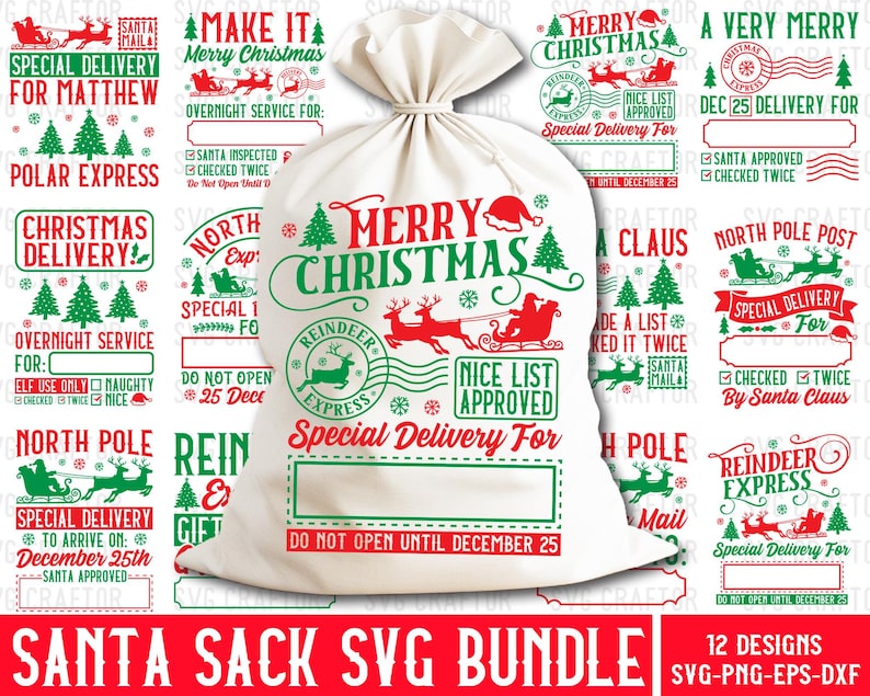Santa Sack SVG Bundle: Christmas Santa Bag Cricut and Silhouette File ...