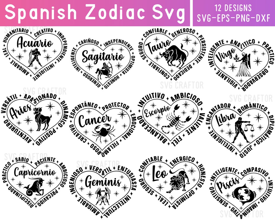Spanish Zodiac Bundle Svg Dxf Eps Png, Zodiac Heart Svg, Zodiac Svg ...