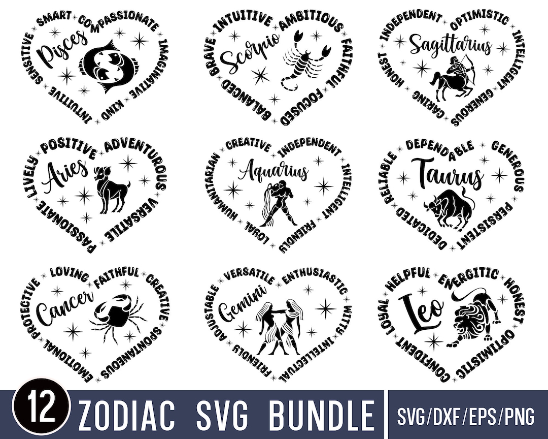 Zodiac Heart SVG Bundle: Horoscope Designs (digital Download) - Etsy
